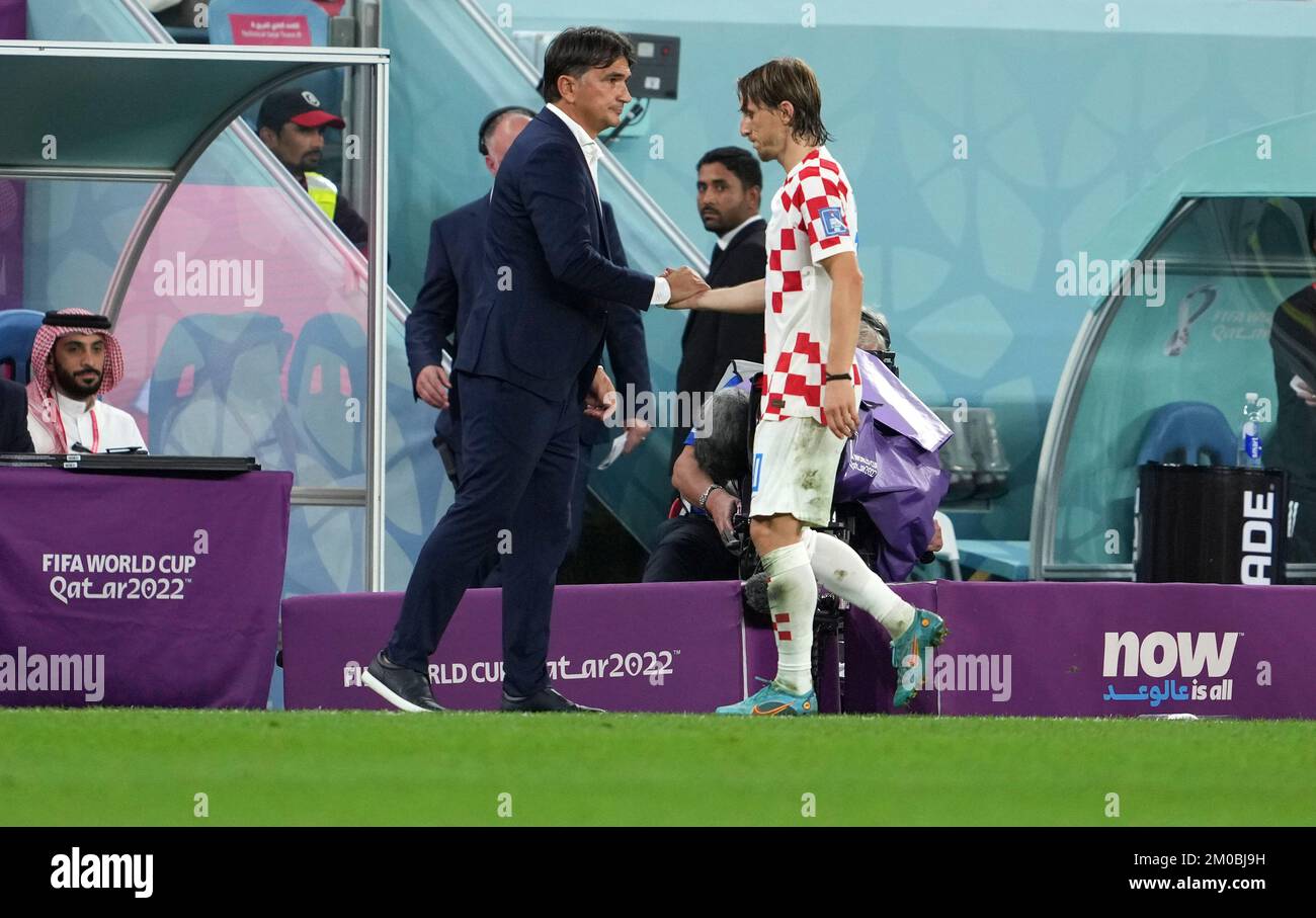 Al Wakrah, Qatar. 5th Dec, 2022. Luka Modric (R) of Croatia shakes ...