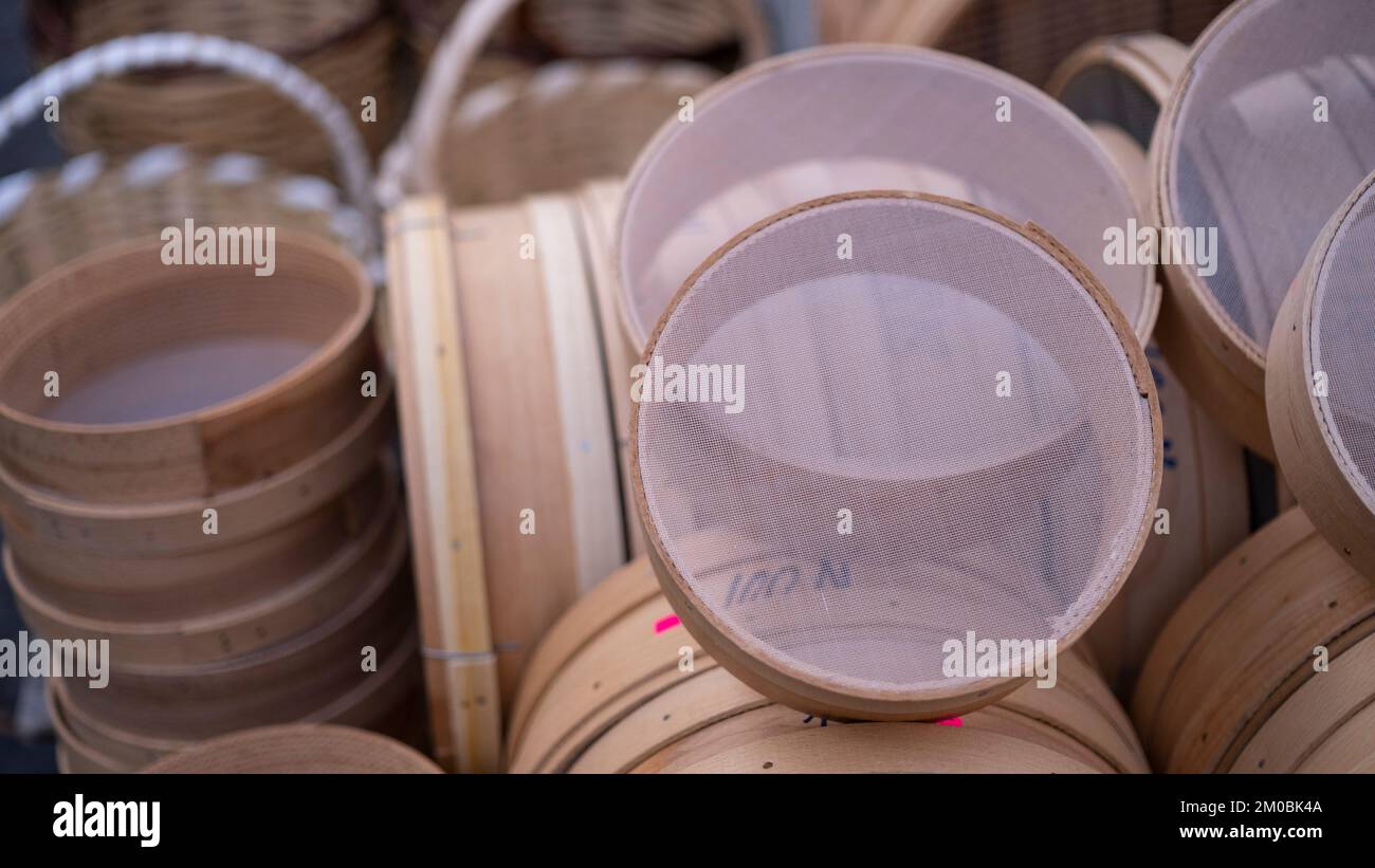 Vintage wooden kitchen equipment, sieve, local materials Stock Photo ...