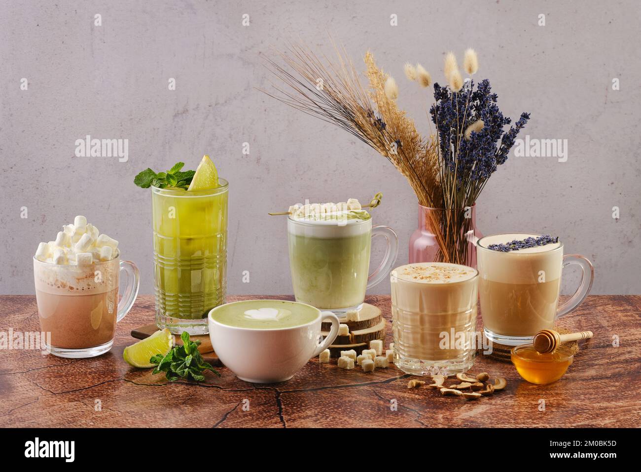Various hot drinks with matcha and lavender flavour Stock Photo - Alamy