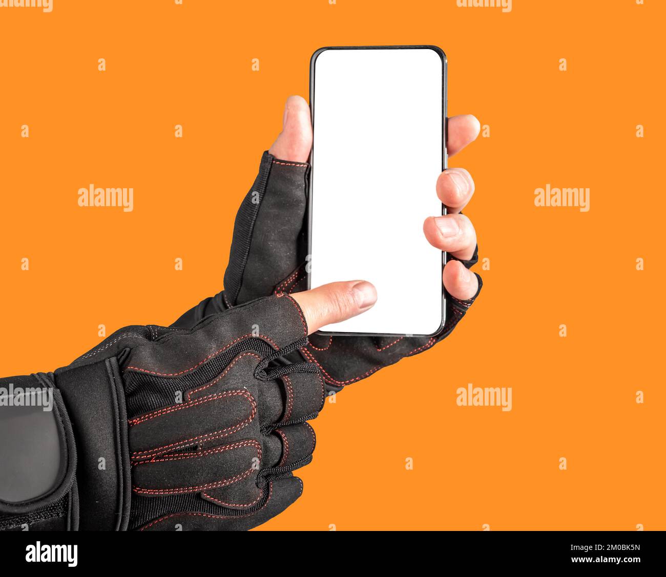 Blank white phone screen mock up for sport app. Finger clicking on ...
