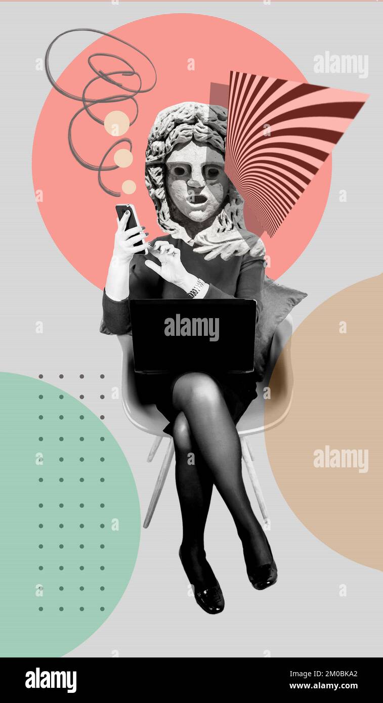 Funny buisness woman with statue head sitting with laptop on color ...