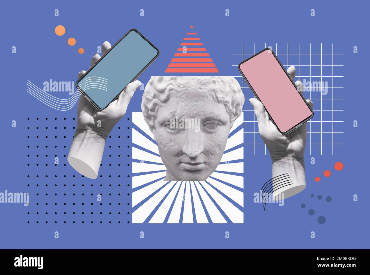 Fashion collage in magazine and pop art style. Statue holding modern ...