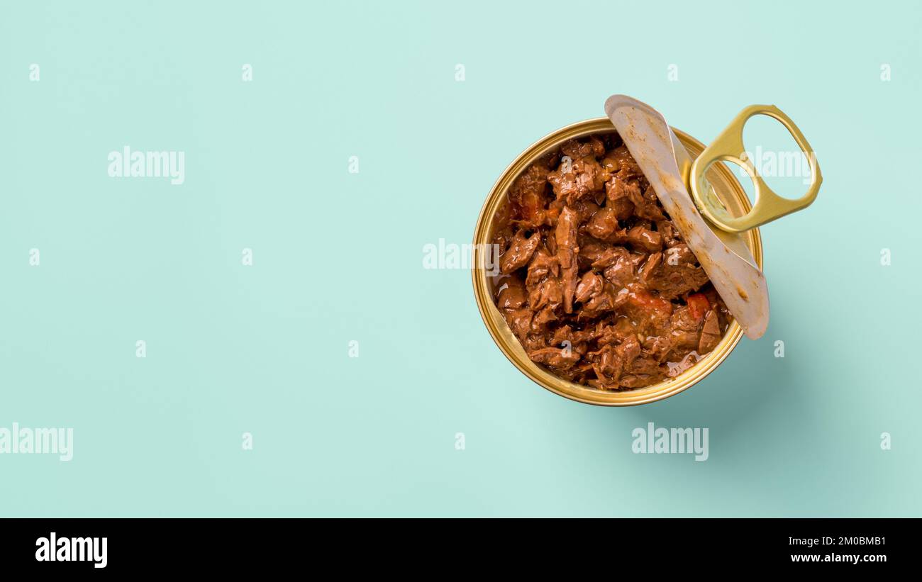 Open can of wet cat food over pastel mint background. Jar of canned ...