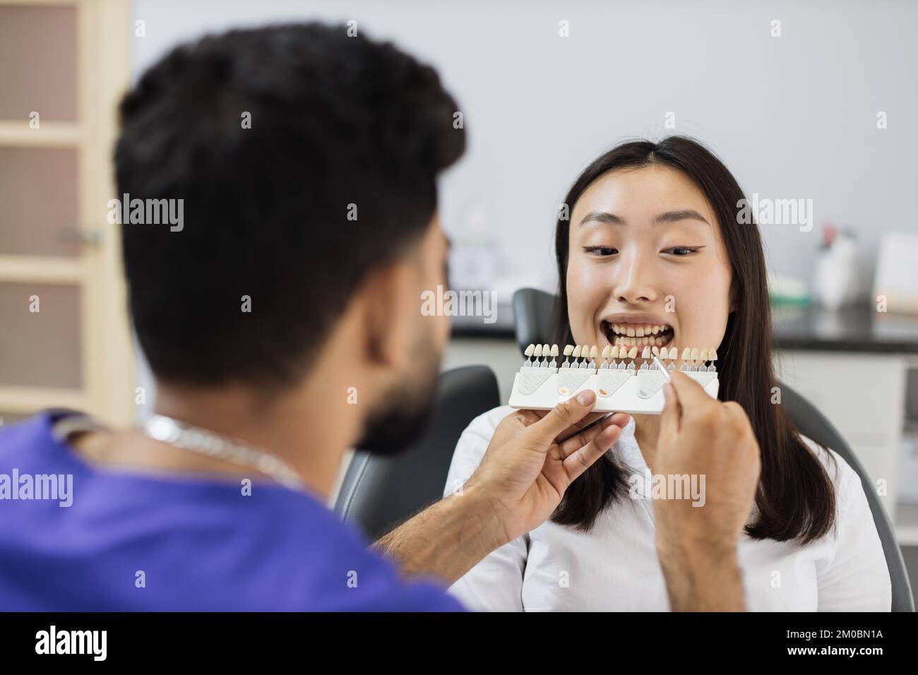 Dentist choosing color of filling from palette. Back view of male dentist checking and selecting ...