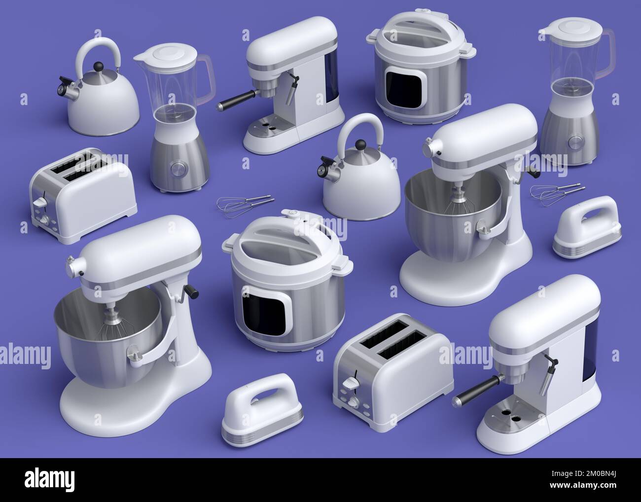 Electric kitchen appliances and utensils for making breakfast on violet ...