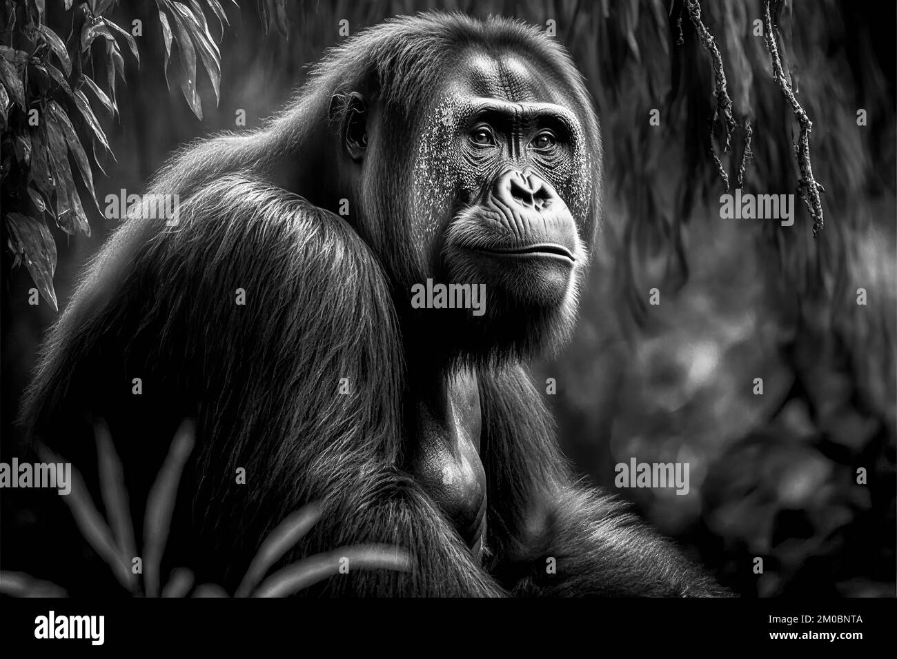 A black and white illustration of an orangutan standing in a jungle ...