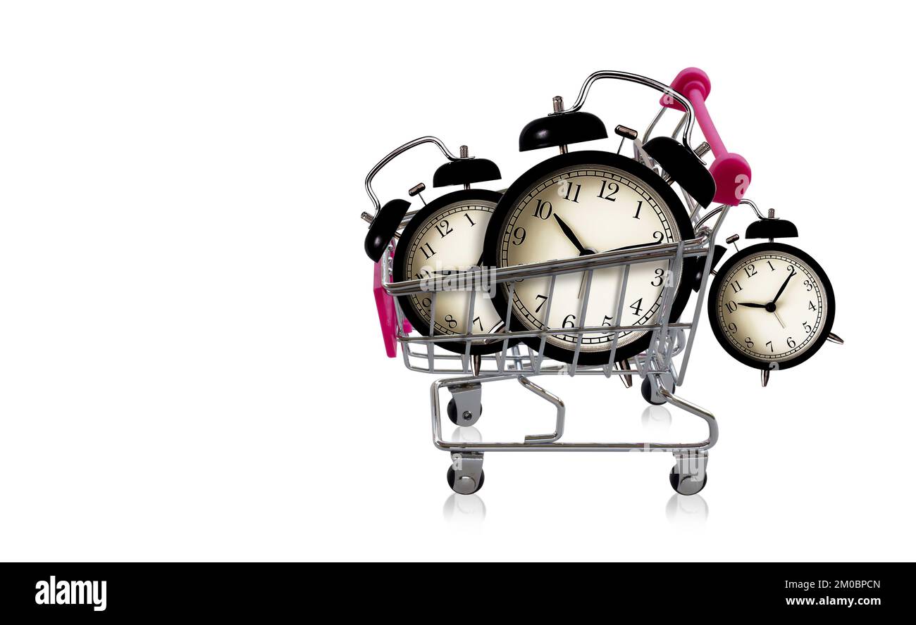 Time management concept, clocks and shopping trolley on white ...