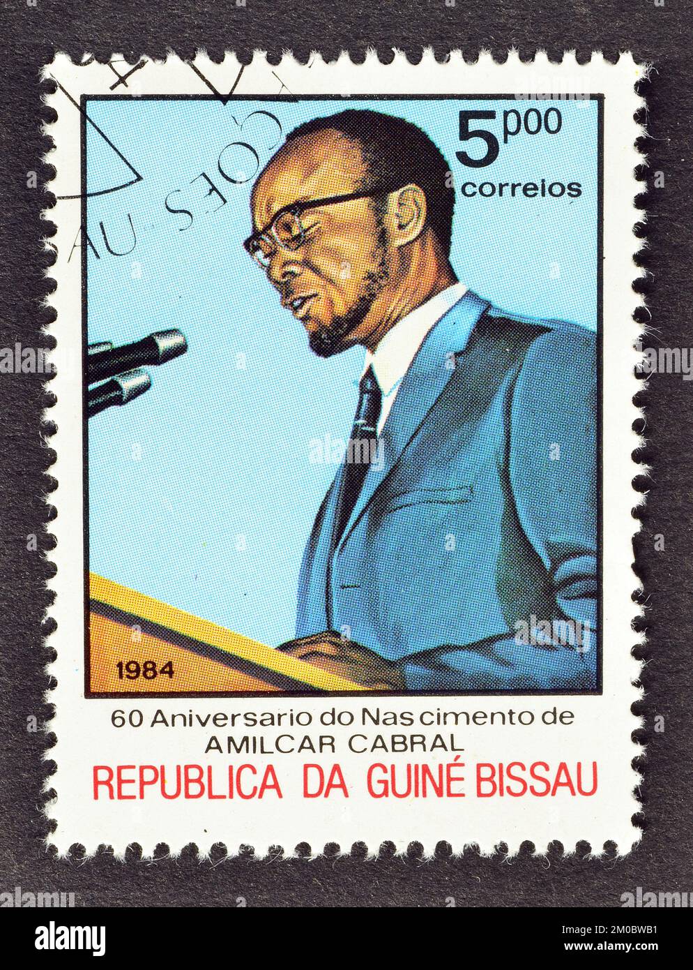 Cancelled postage stamp printed by Guinea Bissau, that shows Amilcar ...