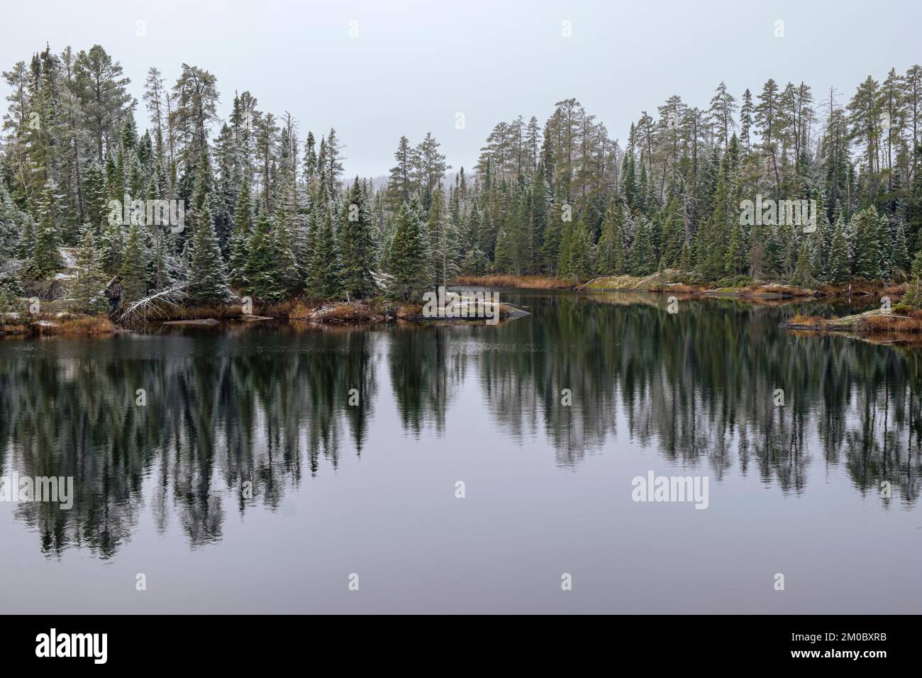 Early frost at a scenic roadside lake next to highway 17 in northern ...