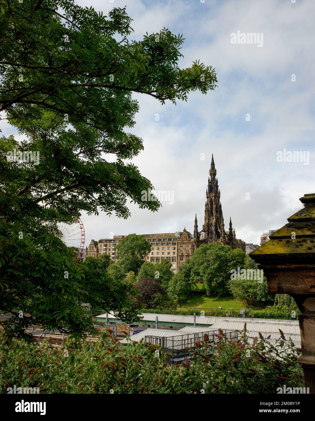 A vertical view of trees and buildings around the Scott Monument Stock ...