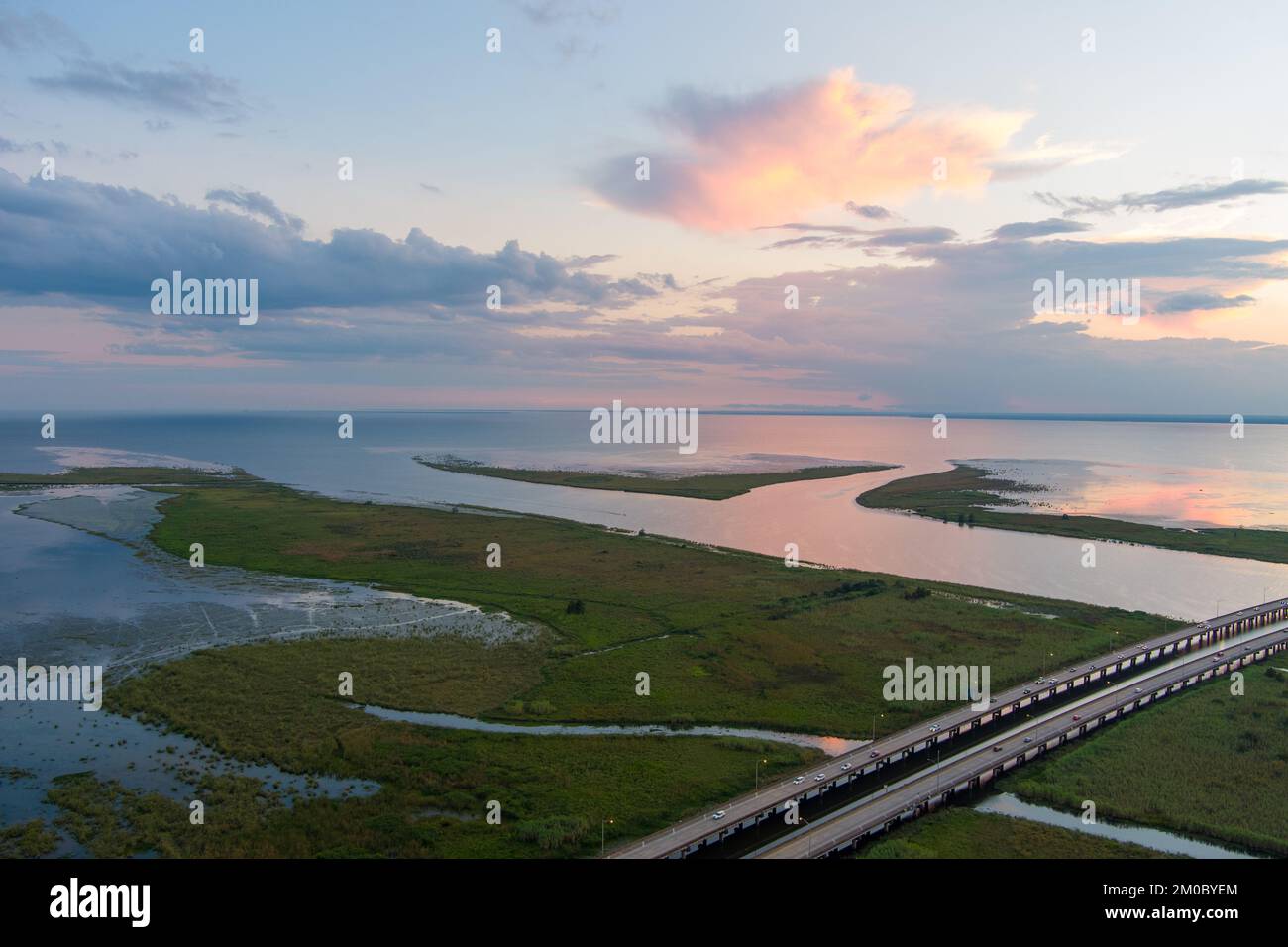 Aerial view of Mobile Bay bridge at sunset in September 2022 Stock Photo - Alamy
