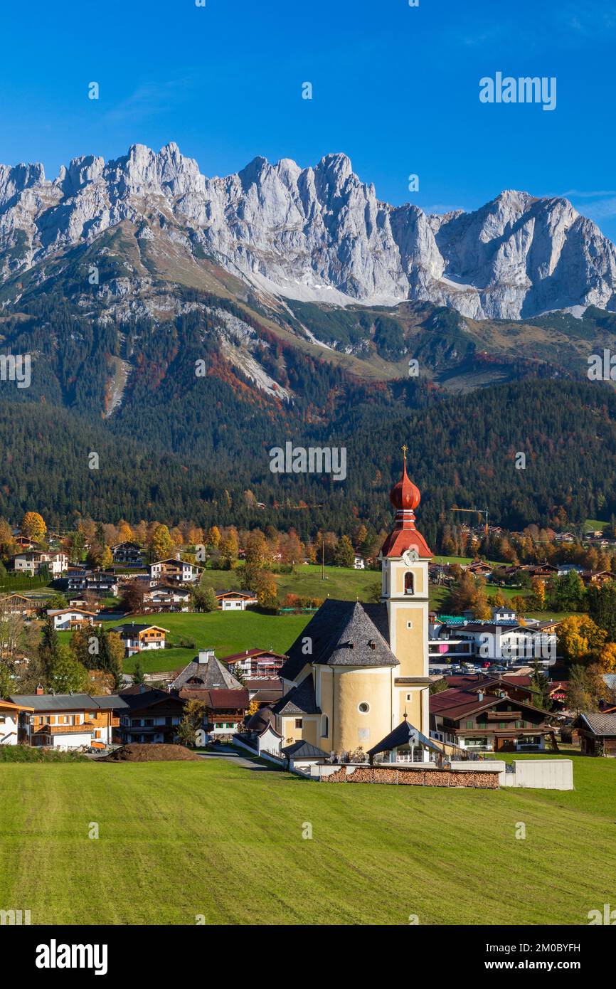 View of Going in front of Wilder Kaiser mountains, Tyrol, Austria Stock ...