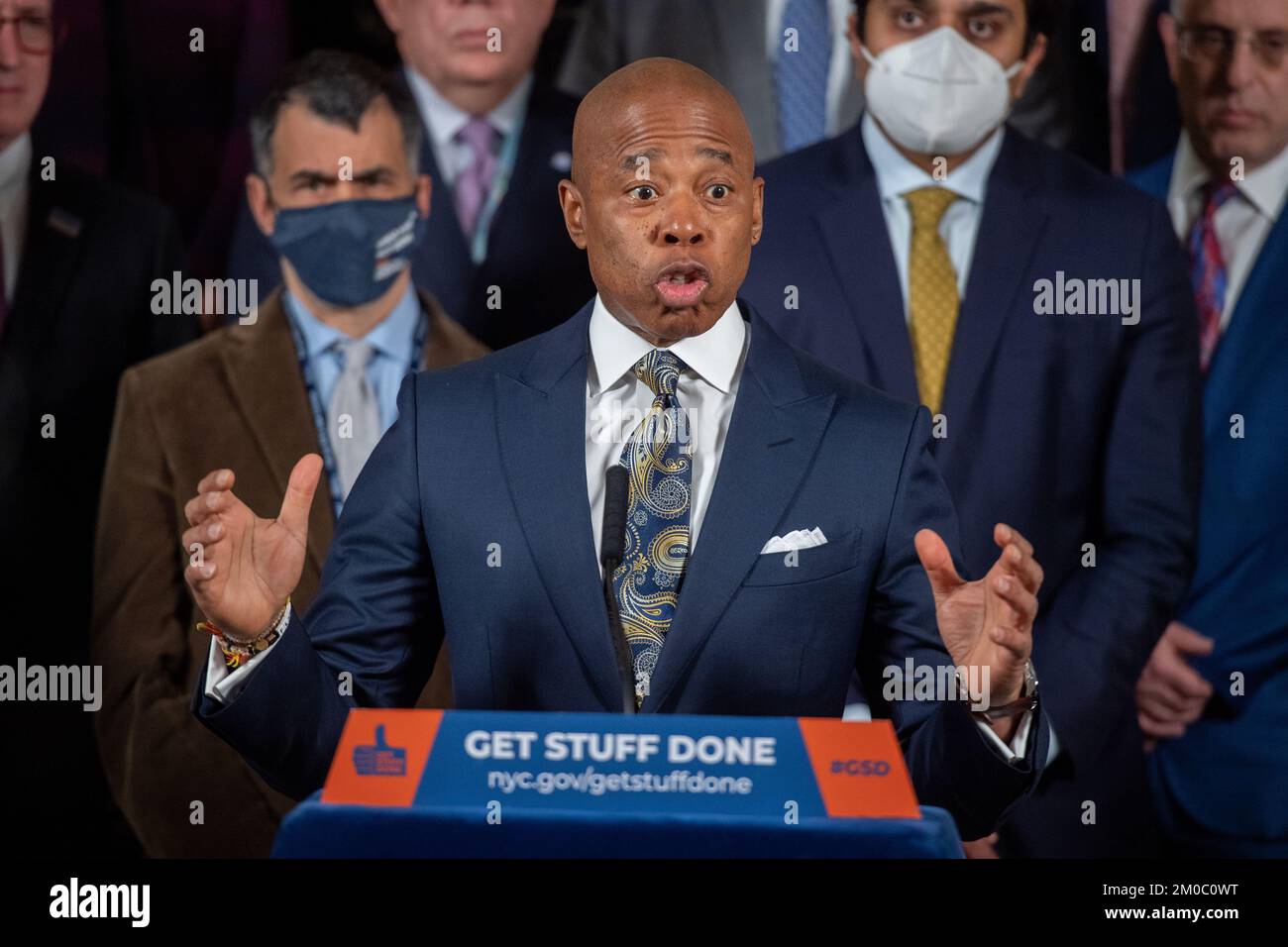 Mayor Eric Adams makes a health related announcement during a press ...