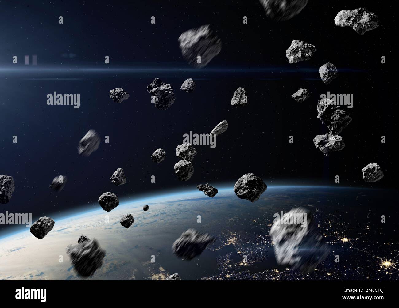 Asteroids near Earth. Meteorites orbiting planet. Science fiction art ...