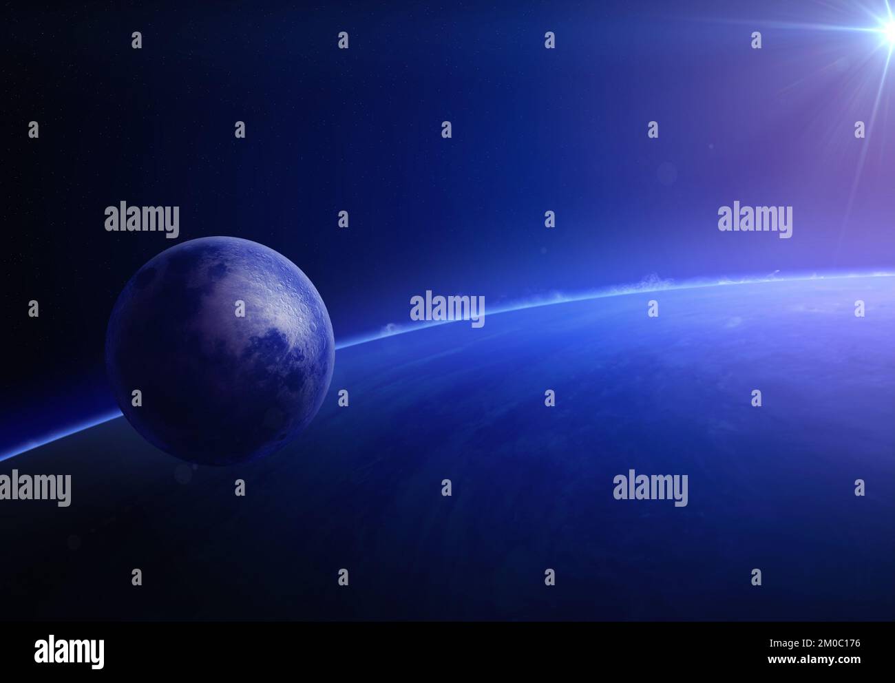 Earth, moon and stars. Blue planet Earth and Moon. Space art, awesome ...