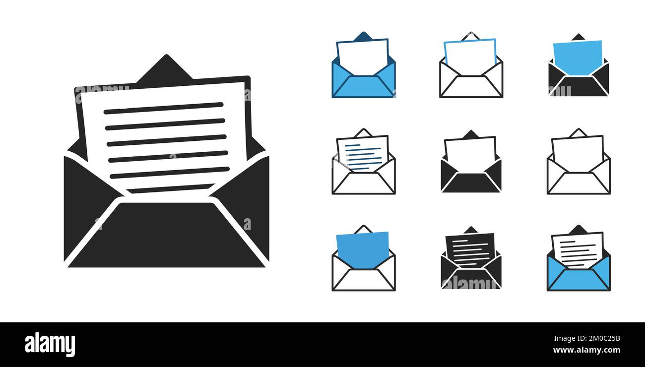 Open letter icon set, email envelope outline vector sign, linear style ...