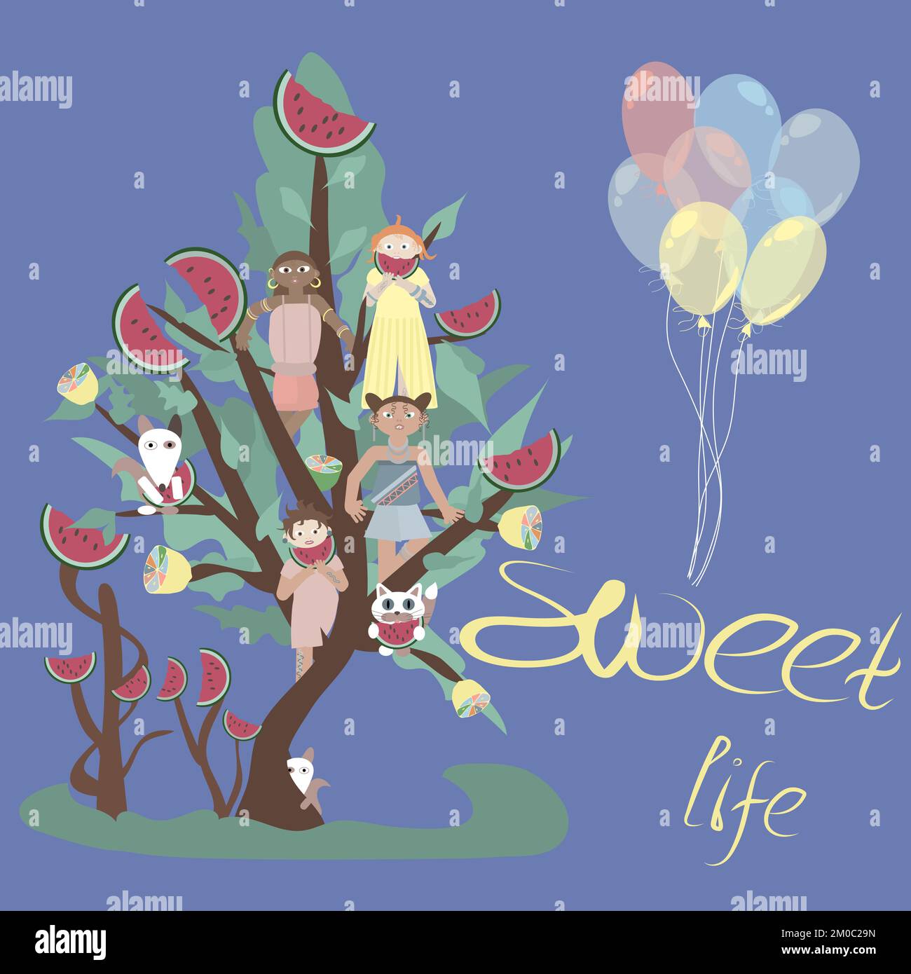 girls on a tree with watermelon slices greeting card with the ...