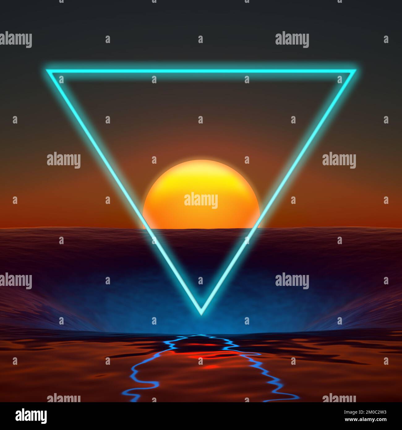 turquoise neon triangle over the sea at sunset. 3d rendering Stock ...