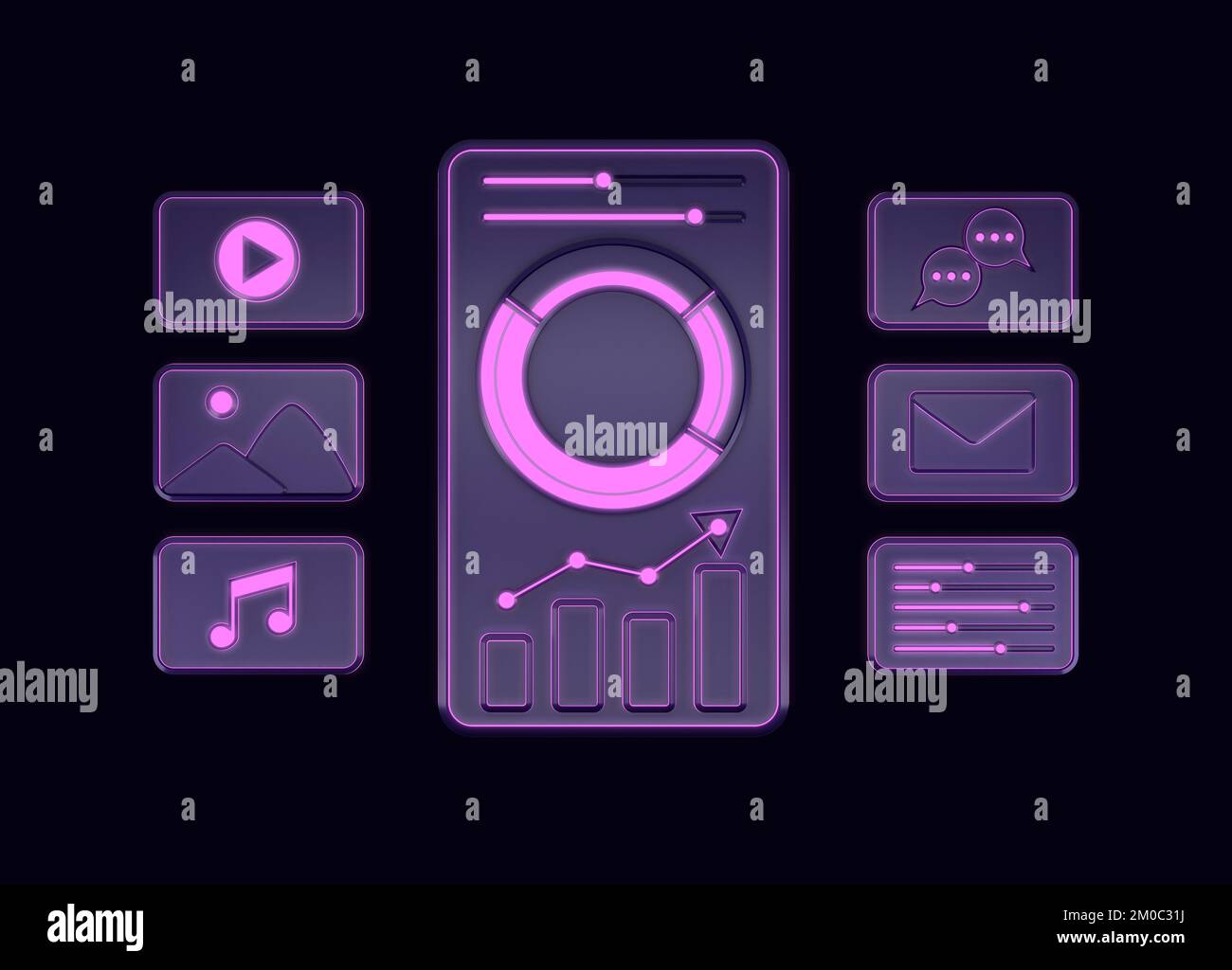 conditional smartphone with image, video, sound option icons. 3d ...