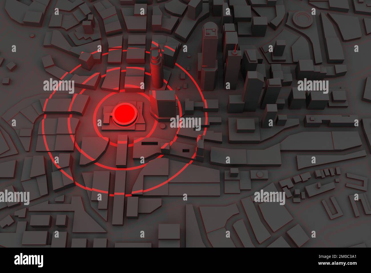 concept red epicenter in black abstract city. 3d rendering Stock Photo ...