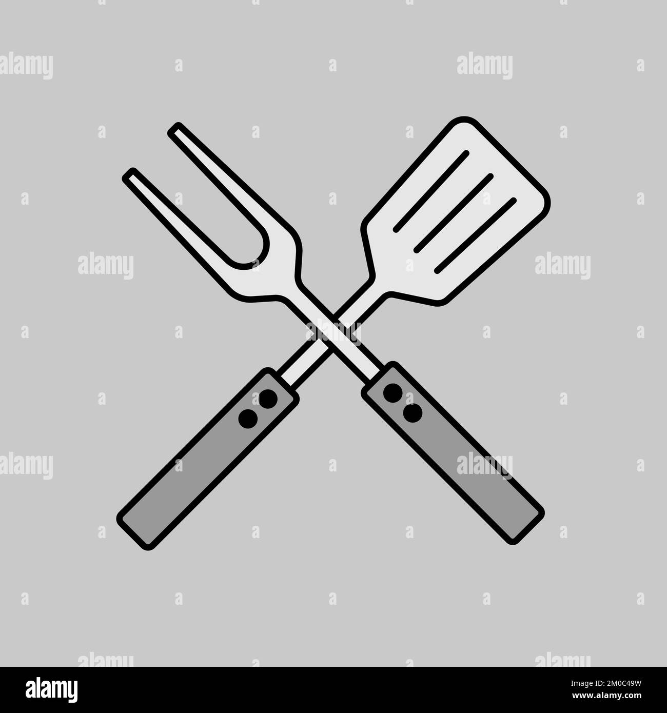 Big fork and spatula vector grayscale icon. Kitchen appliance. Graph ...