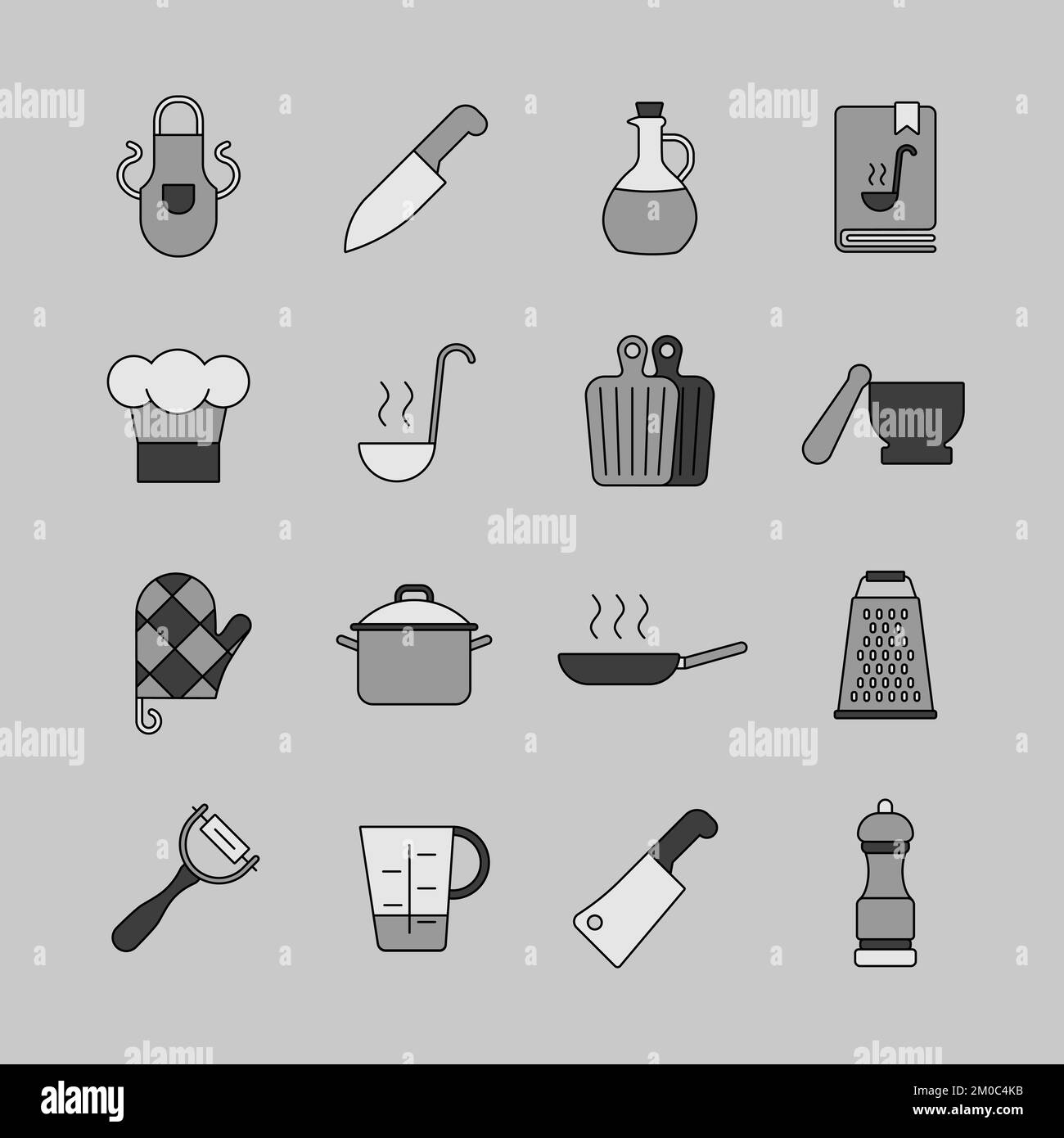 Cooking foods and kitchen vector grayscale icon set. Graph symbol for ...