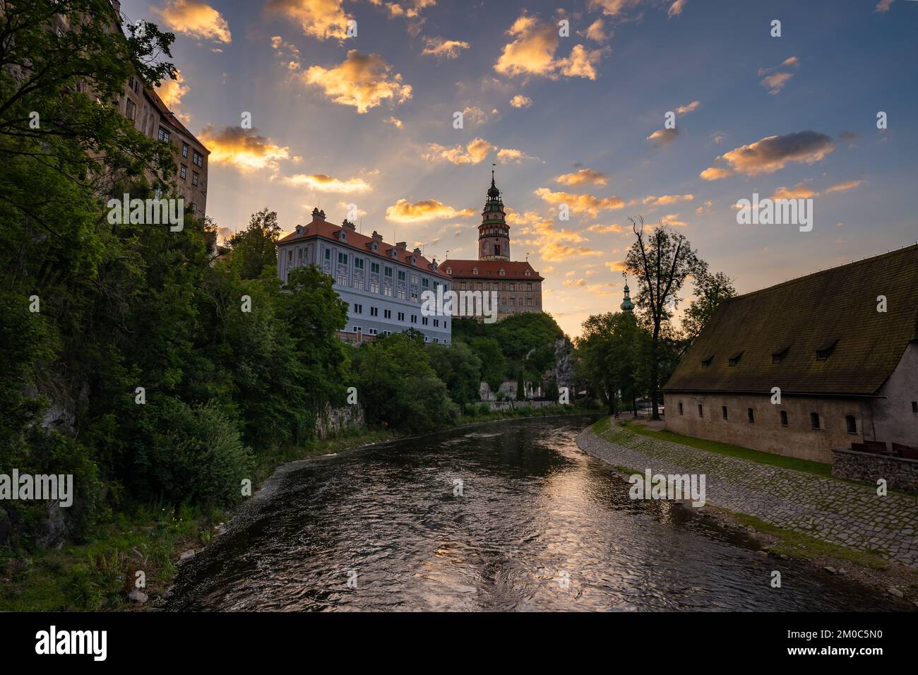 Dreamy morning view through iconic historical city Cesky Krumlov with ...