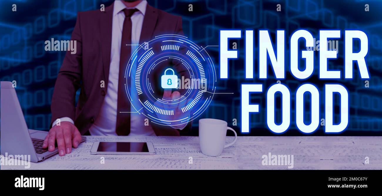 Hand writing sign Finger Food. Word Written on products and digestives ...