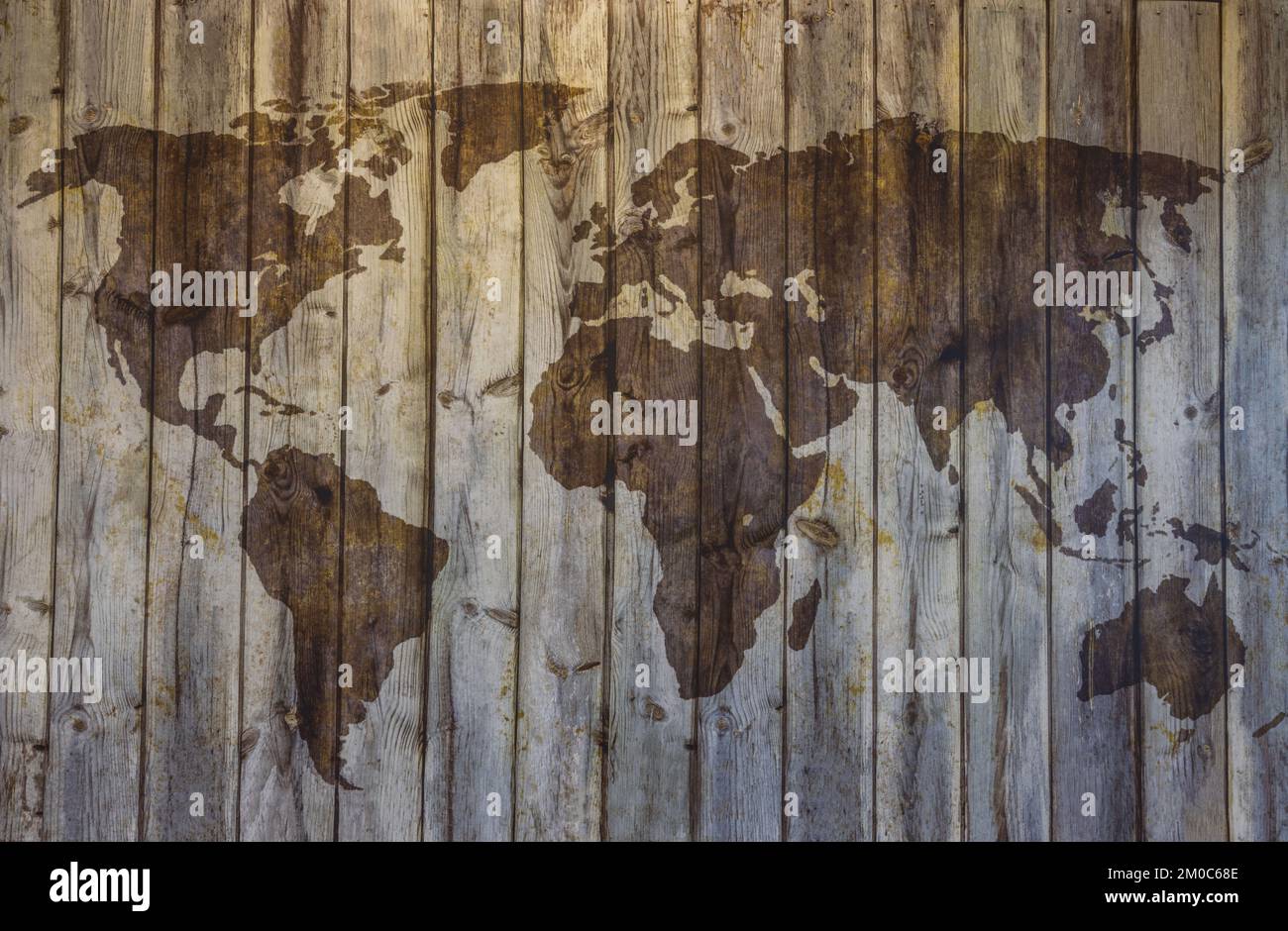 Close up view of world map on wooden wall. Geography concept Stock ...
