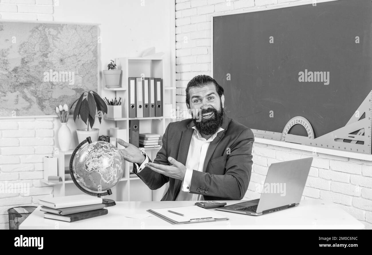 look here. brutal man with beard wear costume. informal education. male ...