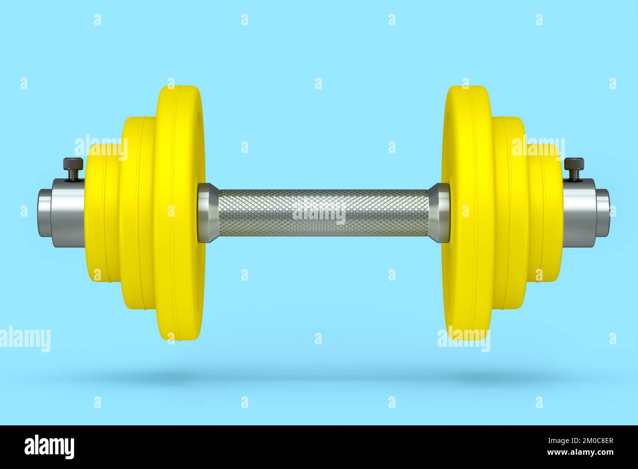 Metal dumbbell with yellow disks isolated on blue background. 3d ...
