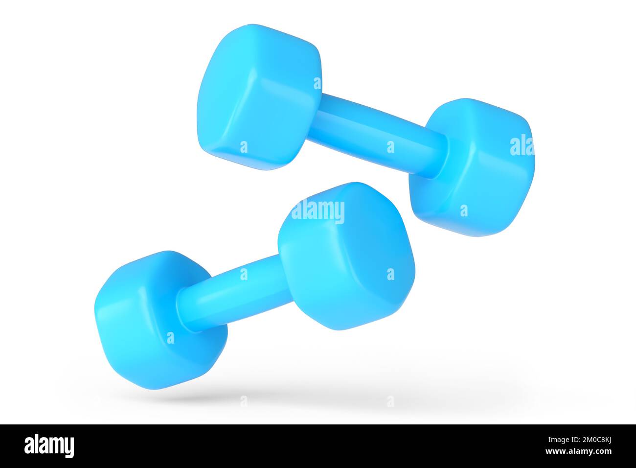 Pair of rubber blue dumbbells isolated on white background. 3d ...