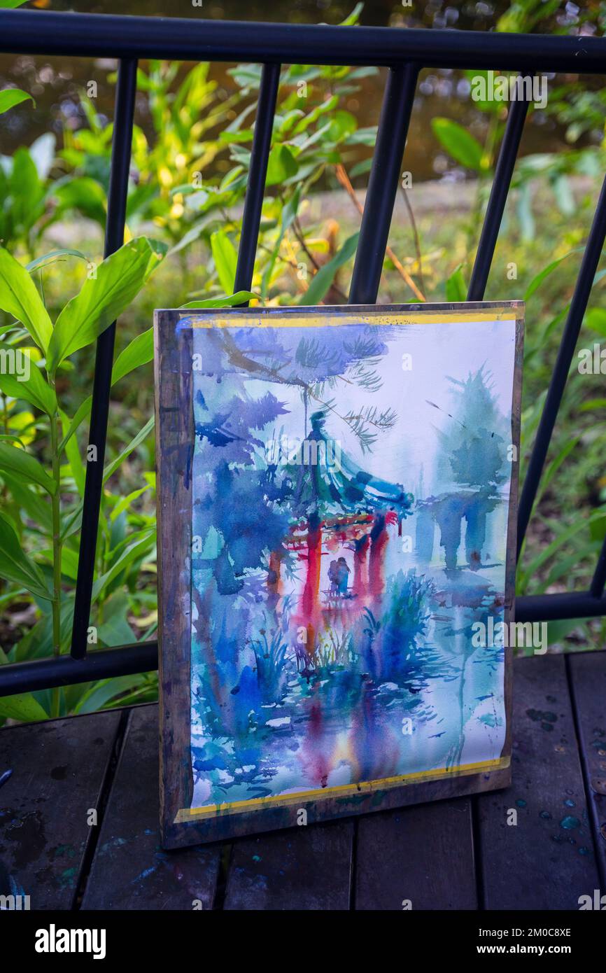 A moody painting of traditional Chinese pavilion on a rainy day Stock ...