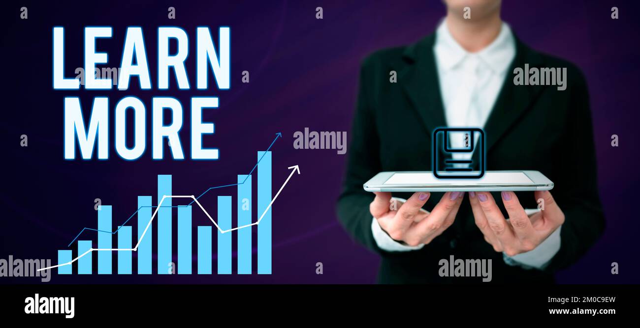 Sign displaying Learn More. Business overview Deepen knowledge of the ...