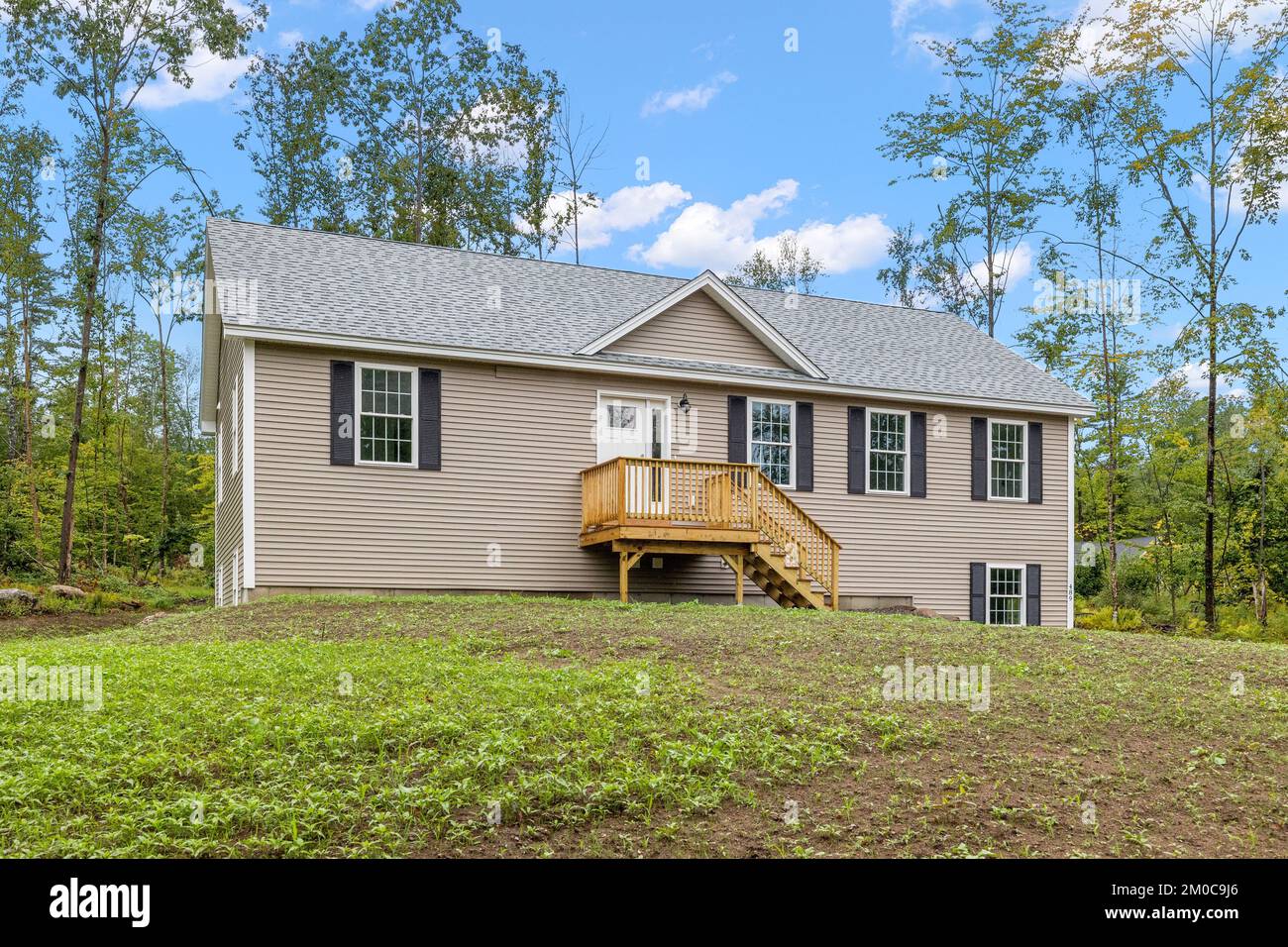 A grey modern construction of contemporary raised ranch surrounded by ...