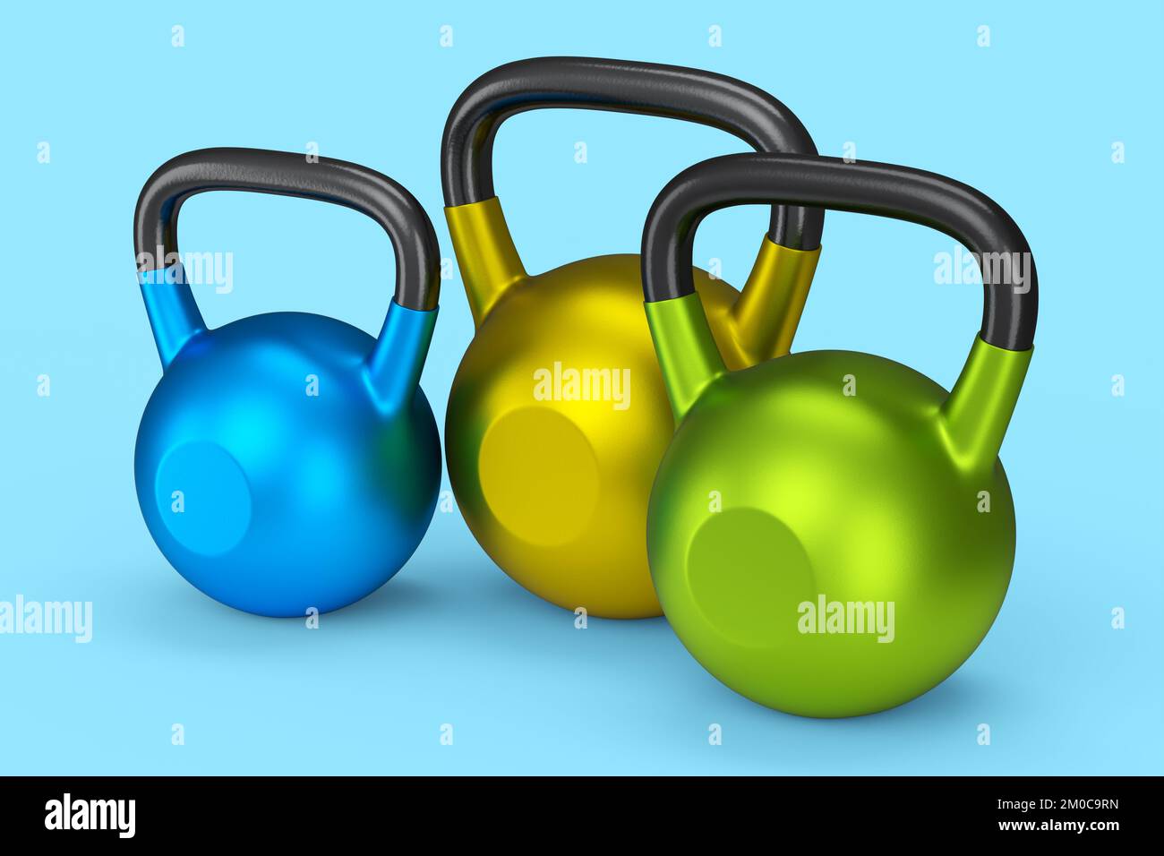 Set of gym kettlebells for workout isolated on blue background. 3d ...