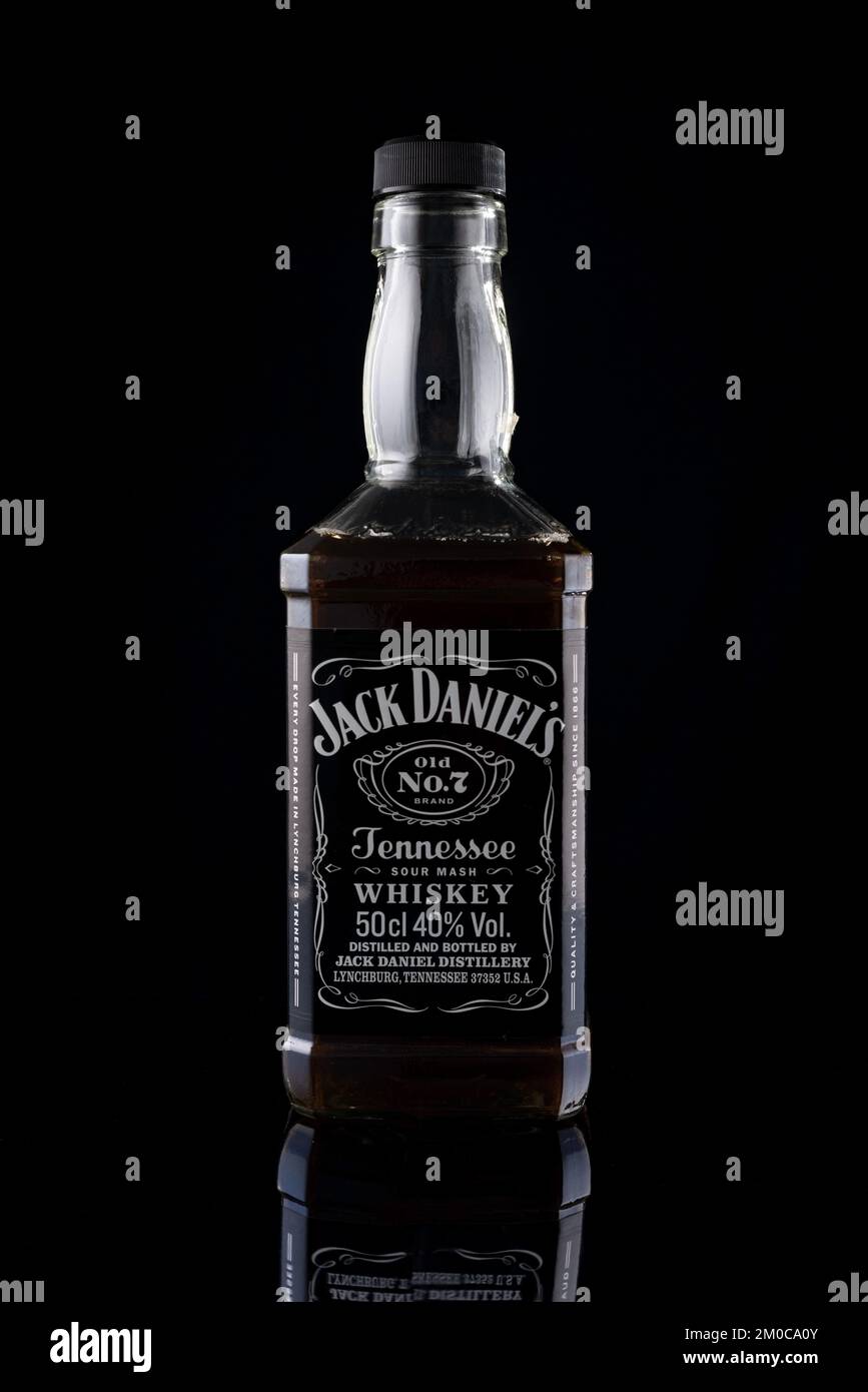 October 2022. Ukraine. Krivoy Rog. Bottle of whiskey Jack Daniels on a ...