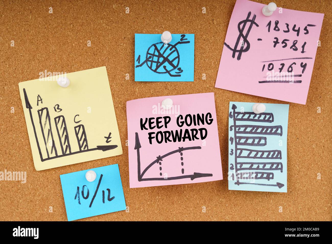 Business concept. On the board are stickers with graphs and diagrams ...