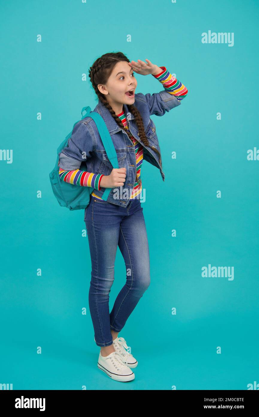 Future is there. Happy kid look ahead blue background. School education ...