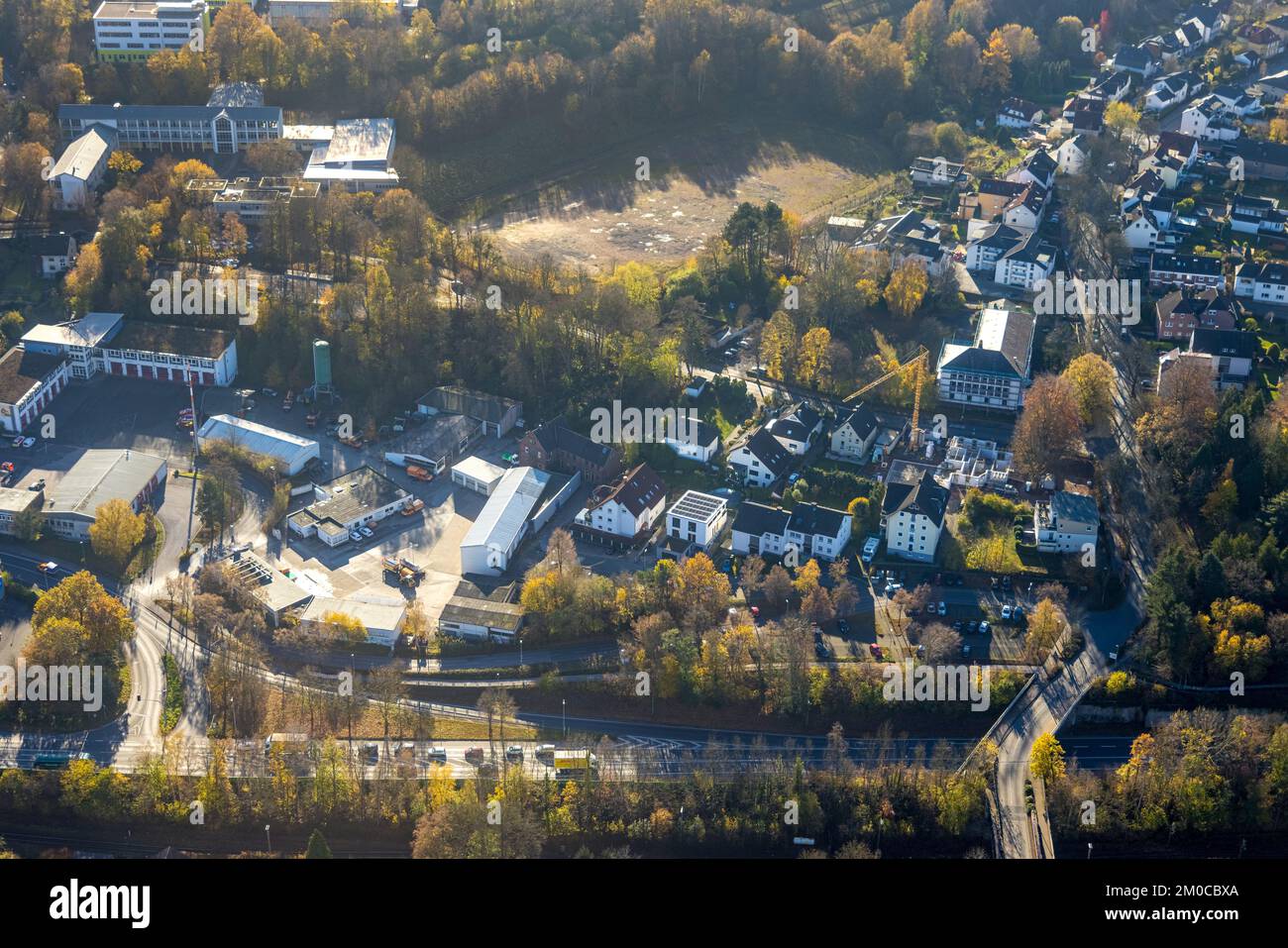 Aerial view, renovation at Menden district court and housing estate ...