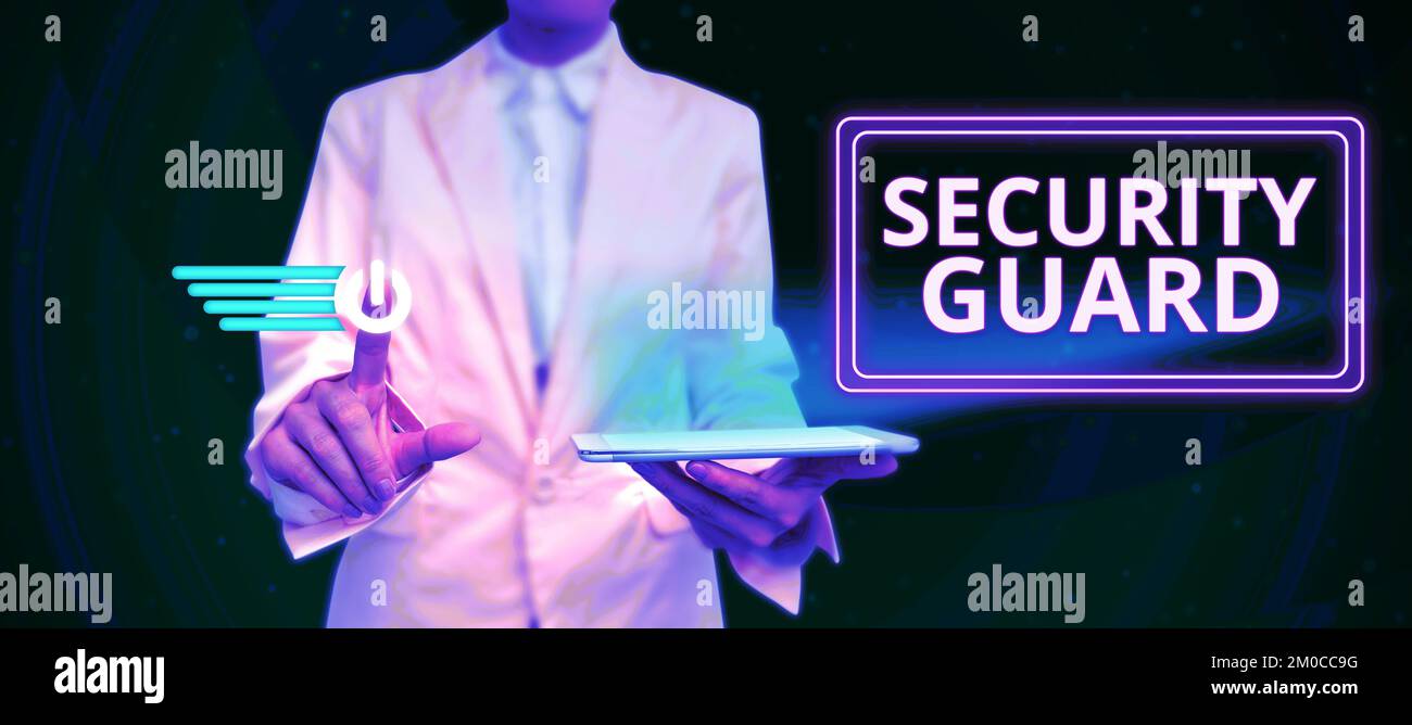 Hand writing sign Security Guard. Word Written on tools used to manage ...