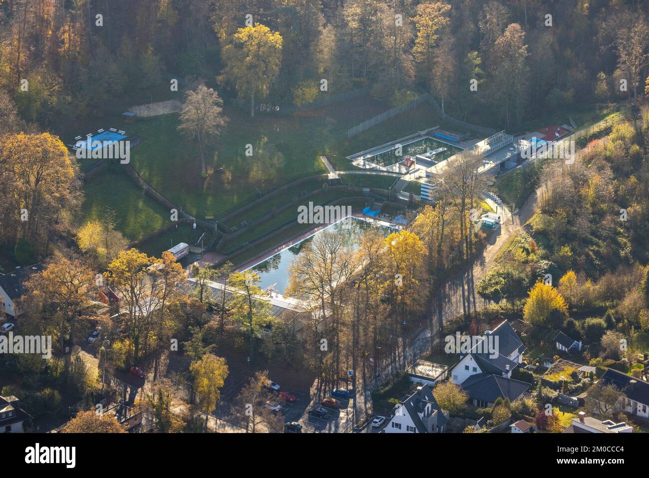 Aerial view, Bürgerbad Leitmecke in Menden, Sauerland, North Rhine ...