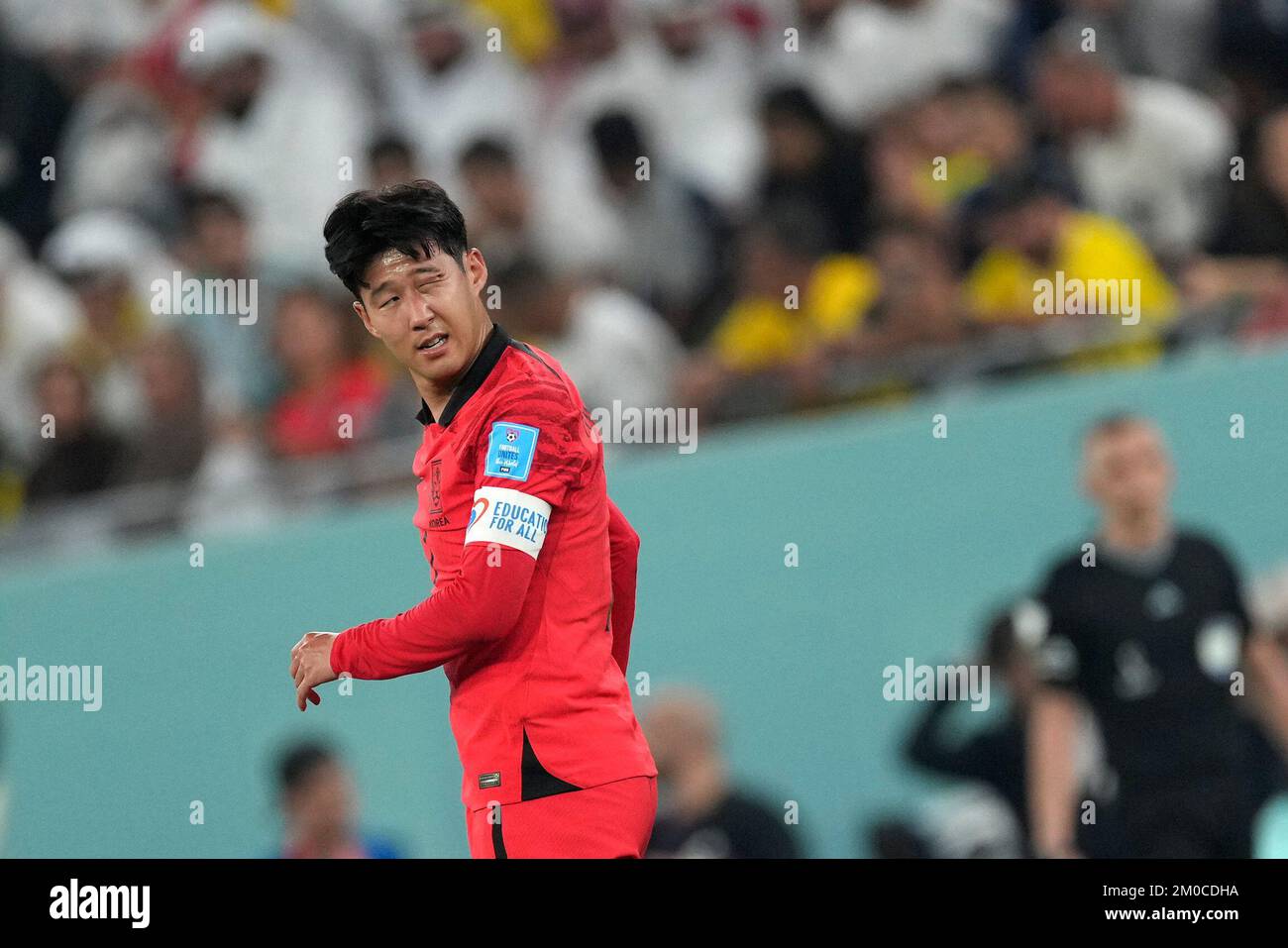Doha, Qatar. 5th Dec, 2022. Son Heung-min of South Korea reacts during ...