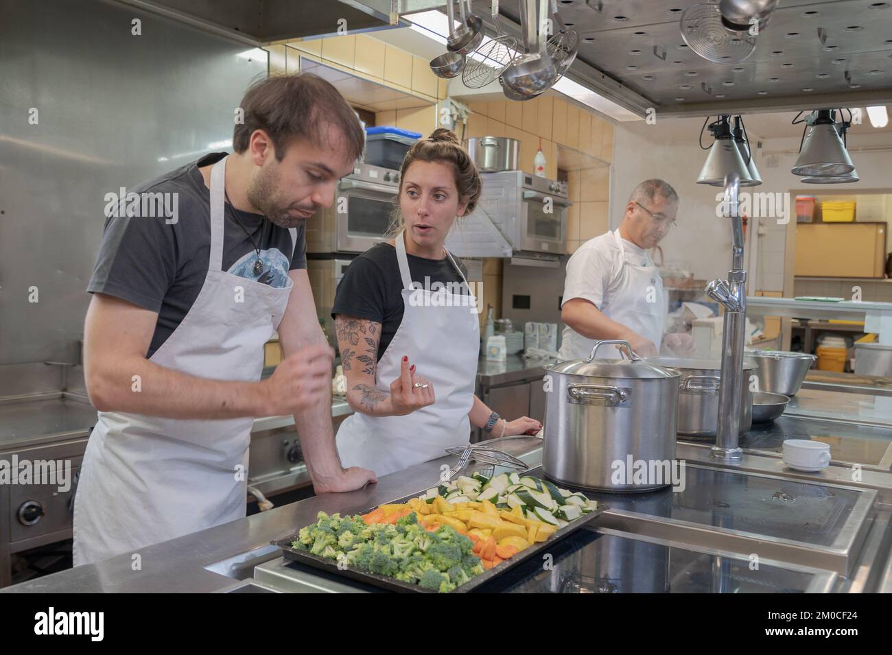 A group of chefs prepare fresh food in a modern kitchen while ...