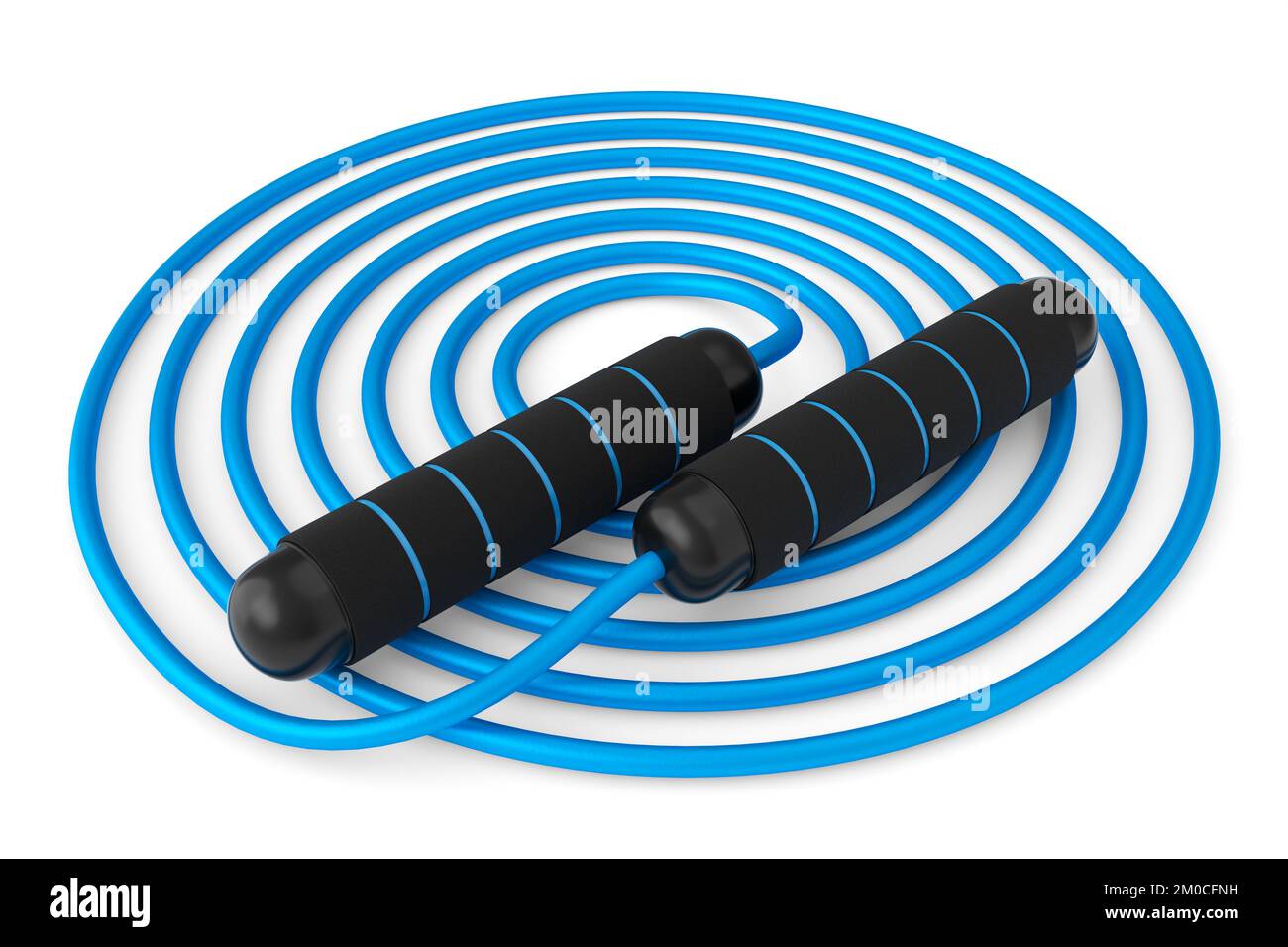 Blue skipping rope or jumping rope isolated on white background. 3d ...