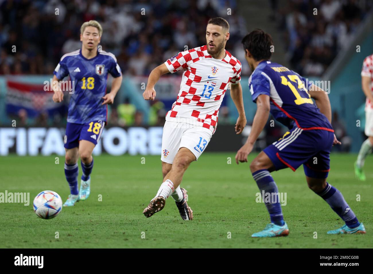Al Wakrah, Qatar. 05/12/2022, Nikola Vlasic of Croatia pass a ball ...