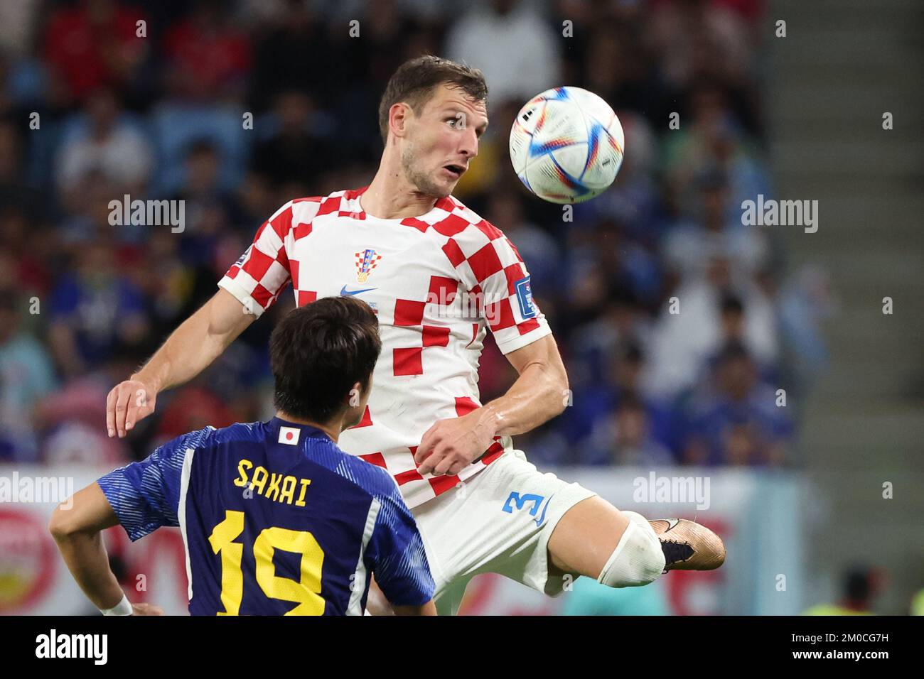 Al Wakrah, Qatar. 05/12/2022, Borna Barisic of Croatia jumps for a ball ...