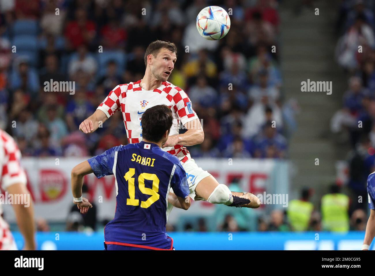 Al Wakrah, Qatar. 05/12/2022, Borna Barisic of Croatia jumps for a ball ...