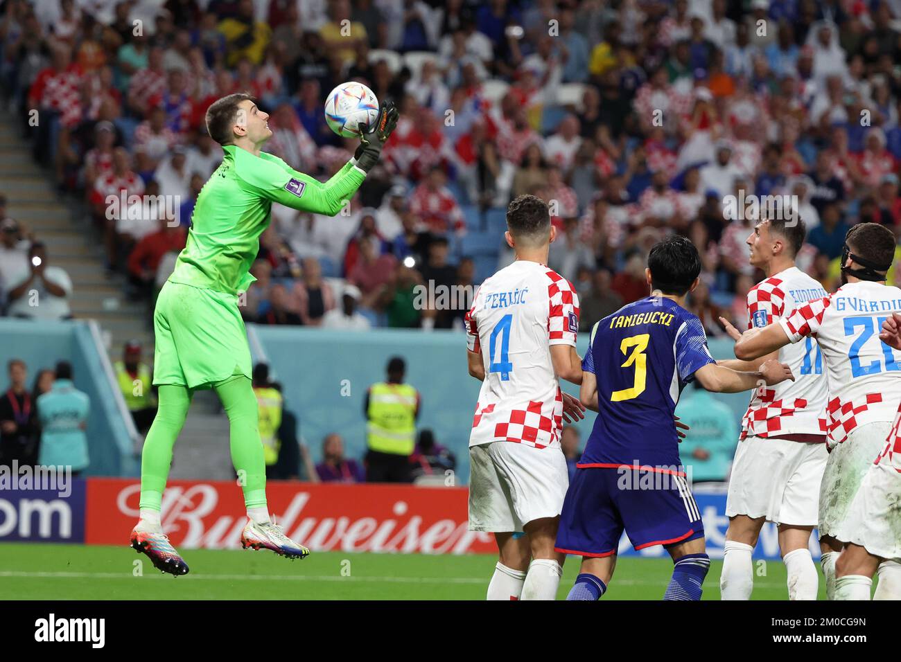 Al Wakrah, Qatar. 05/12/2022, Dominik Livakovic of Croatia jumps for a ...