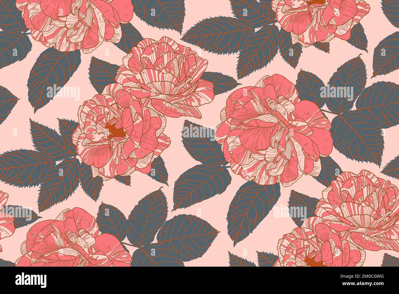 Floral repeating pattern of roses and leaves in coral, pink, dark grey ...